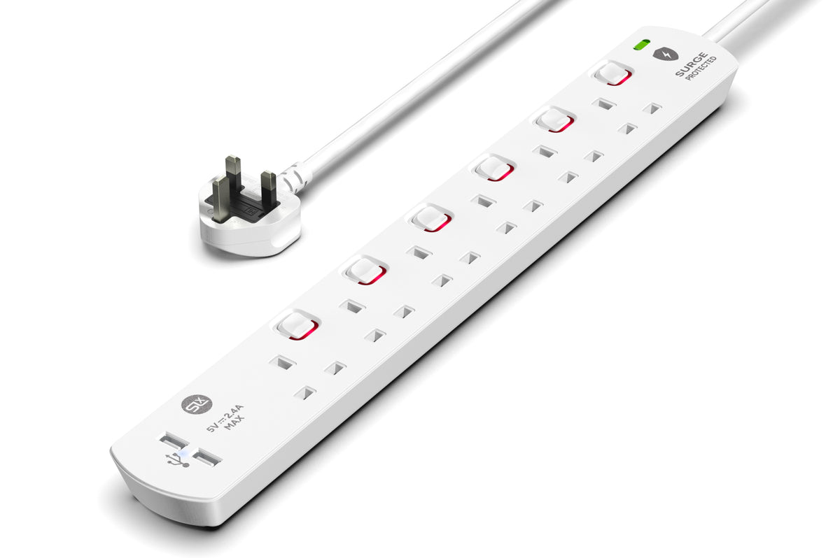 6 Gang Extension Lead 1m - (USB, Switched, Surge Protected & Neon ...